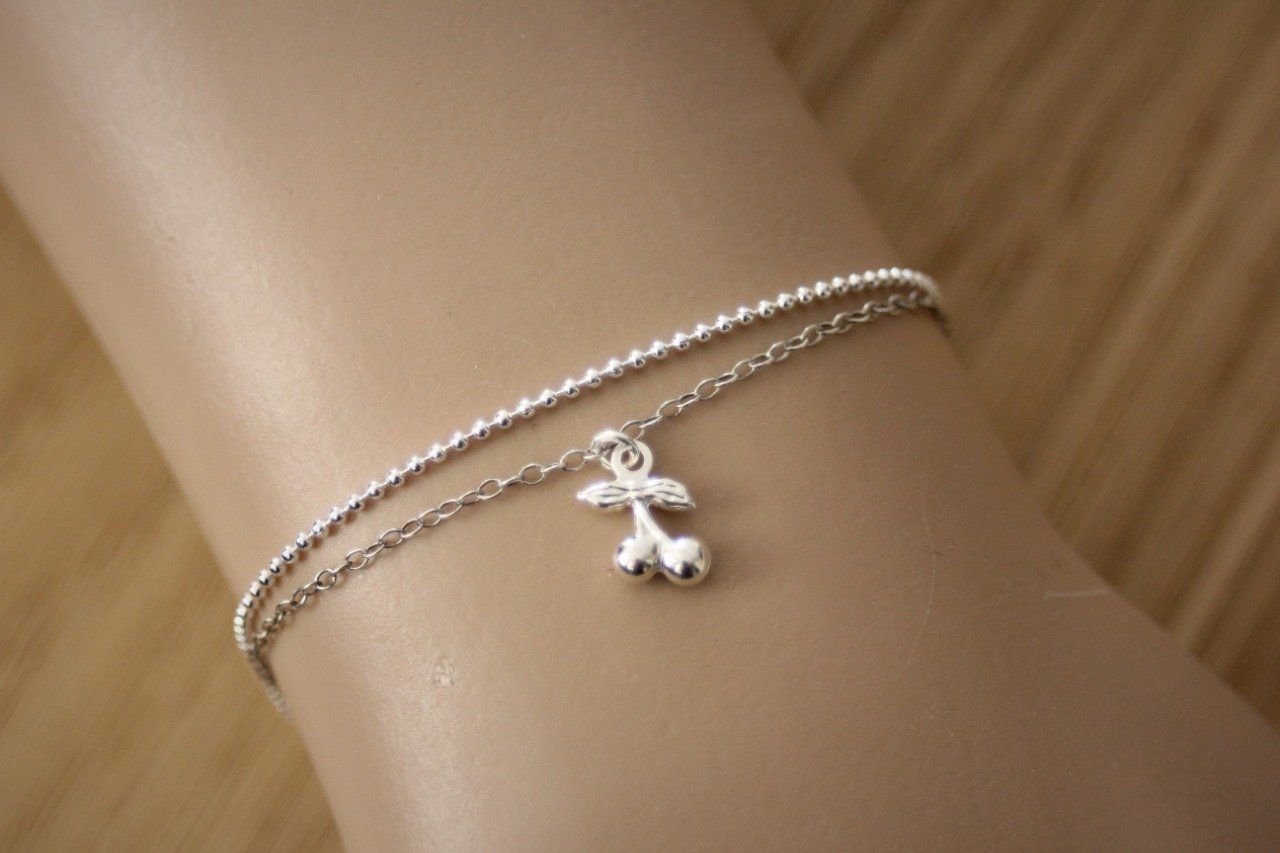 Bracelet argent massif double chaine avec breloque cerises ...